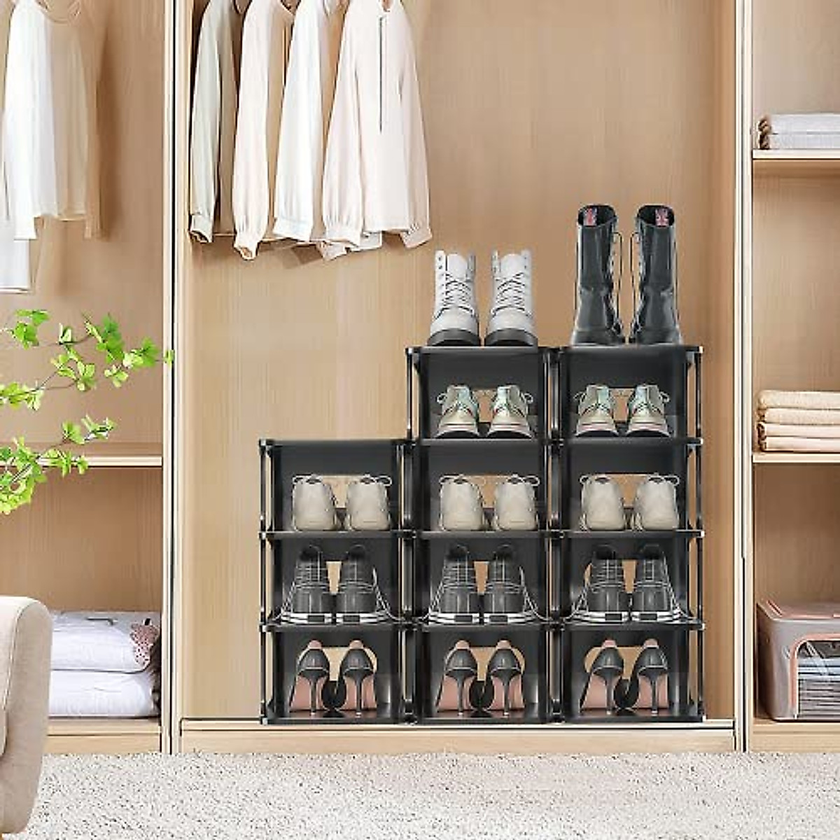 Dscabomlg DIY Shoe Rack 8 Tier Shoe Organizer for Closet and Entryway Stackable Shoe Storage Narrow Free Standing Shoe Rack Plastic Vertical ShoeHolder Cubby Shoe Stand Shoe Shelf (Black, 8 Tiers)