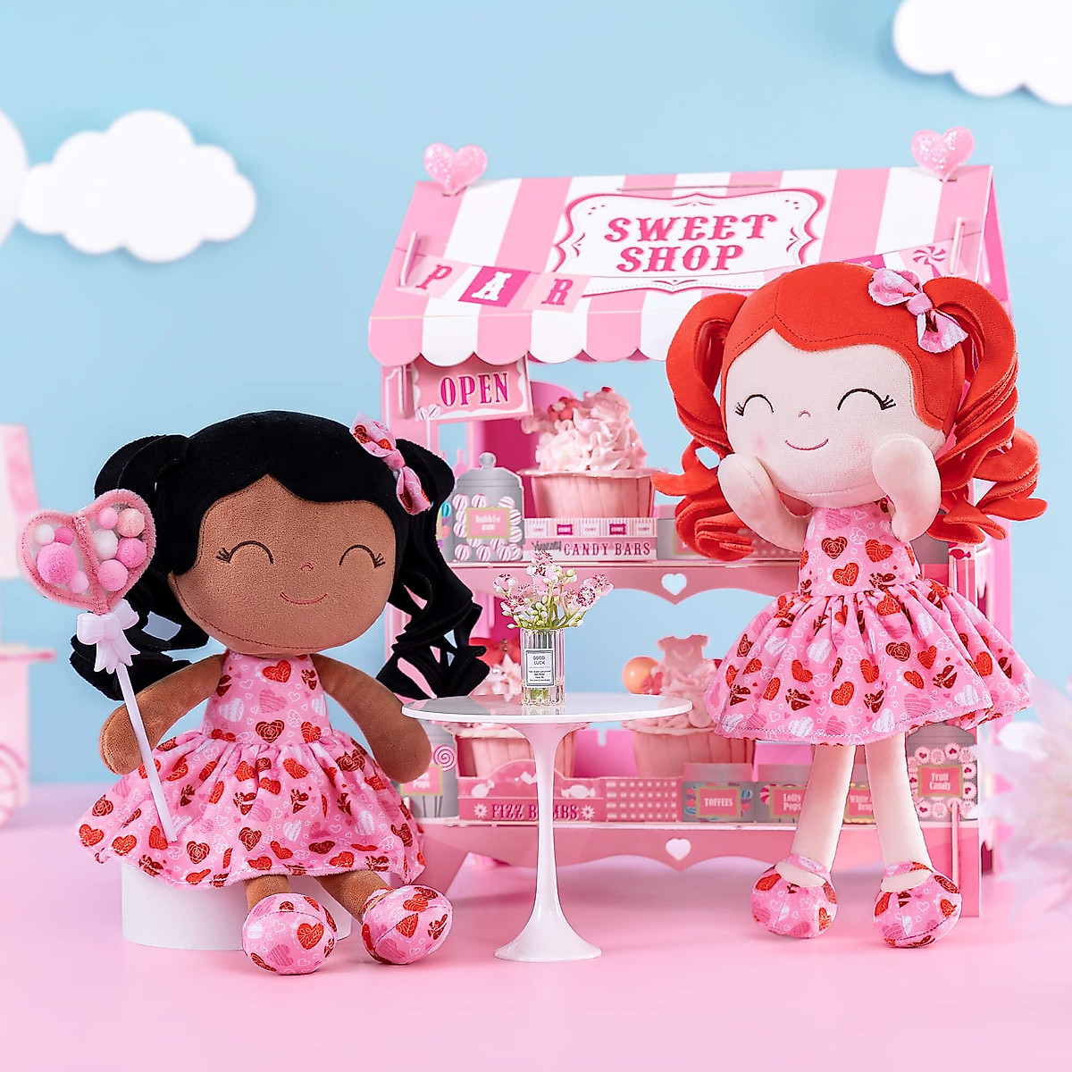 Gloveleya Soft Dolls Plush Figure Key Chain Curly Hair Red Hair Heart Dress Baby Doll 12inches