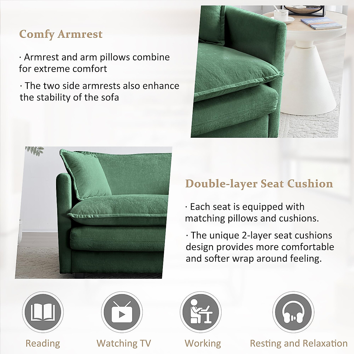 111.5" Oversized 3-Seater Soft Chenille Sofa, Modular Sectional Sofa Cloud Couch for Living Room, Modern Deep Seat 3 Seat Large Couches (Green, 3 Seat)