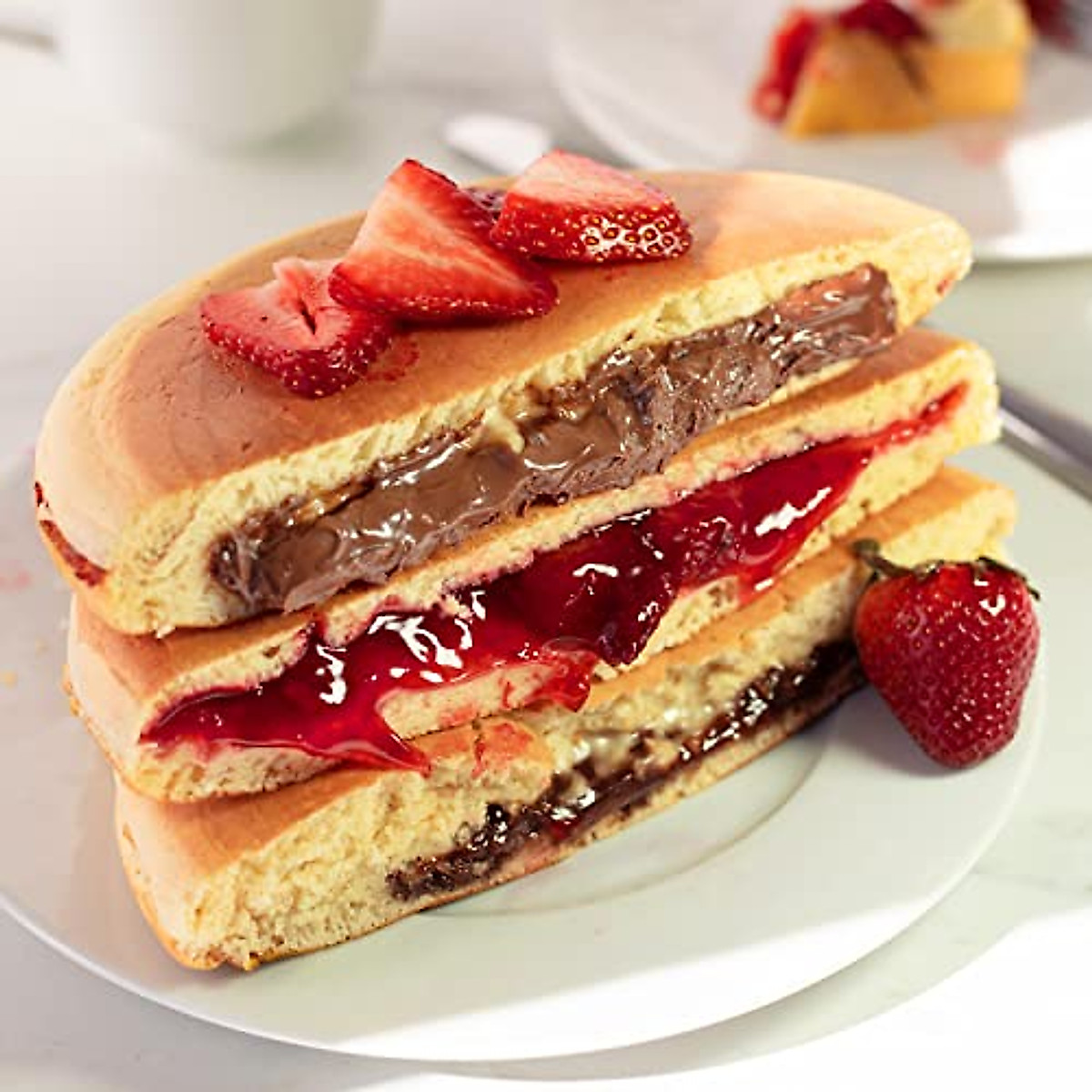 Stuffed Pancake Maker- Make a GIANT Stuffed Waffle or Pan Cake in Minutes- Add Fillings for Delicious Breakfast or Dessert Treat, Electric, Nonstick w Silicone Batter Funnel - Fun Holiday Kitchen Gift