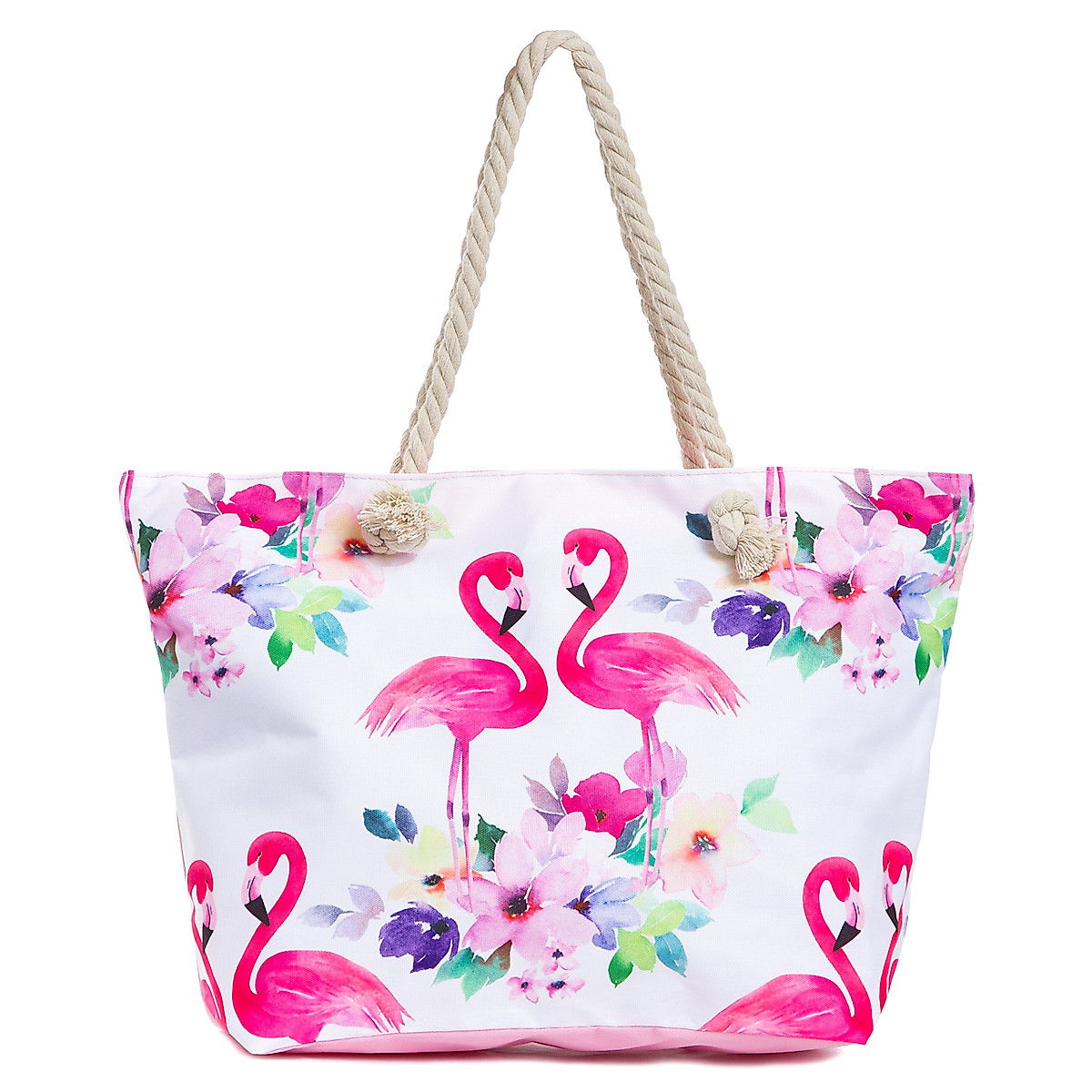 Leisureland Large Beach Tote Bag, Top Zipper Boat Bag (Flamingo)