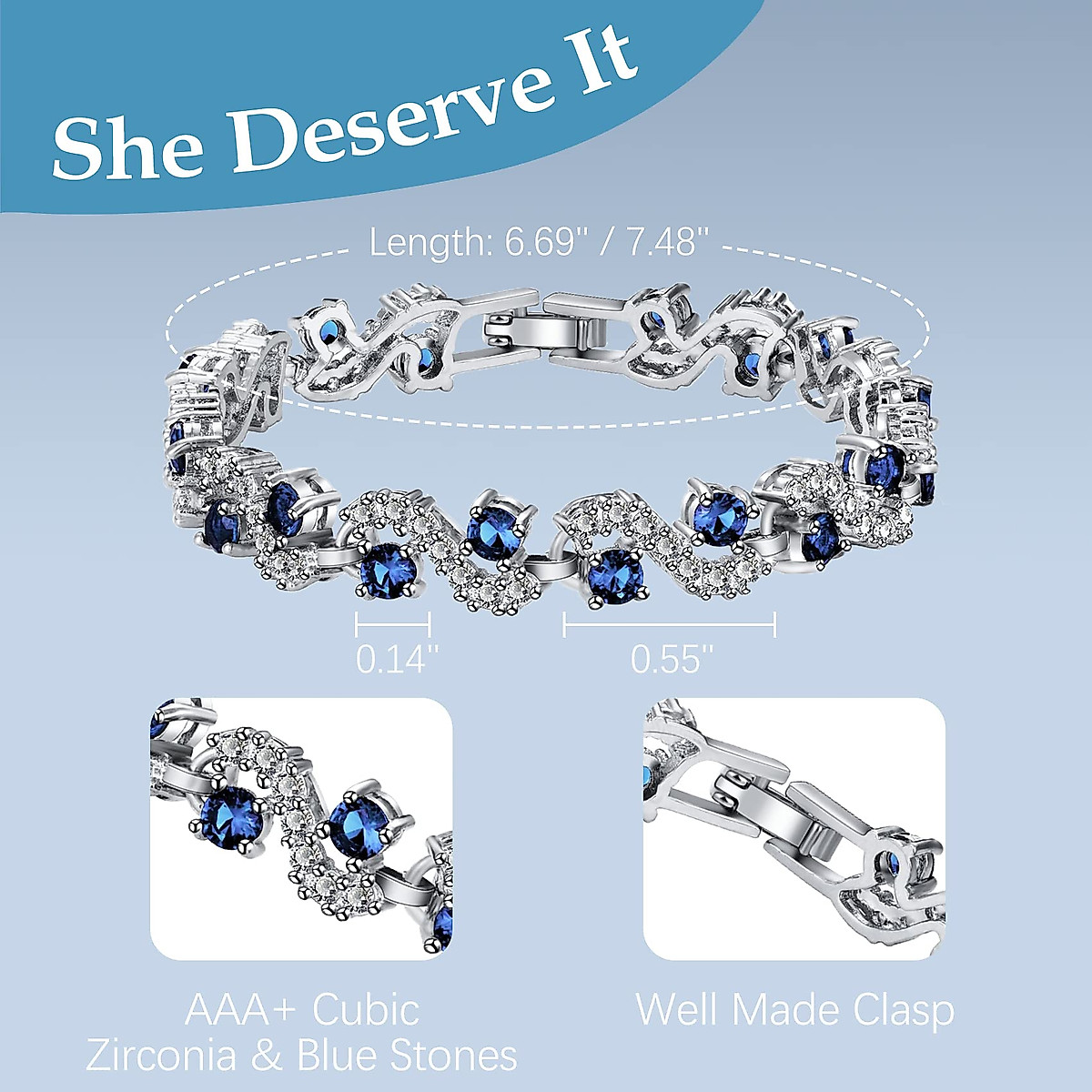 Feraco Blue Tennis Cubic Zirconia Bracelet for Mom Daughter Womens Classic 14K Plated Sapphire Bangle Crystal Valentine's Day Jewelry Gifts