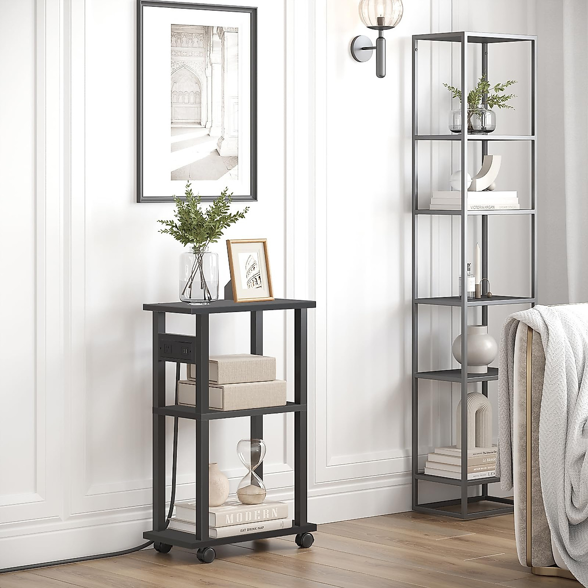 TUTOTAK Small Narrow Side Table with Charging Station, Set of 2 Skinny End Table for Small Spaces, Slim Nightstand with USB Ports and Outlet,Sofa Beside Table with Wheels, Black TB01BK047