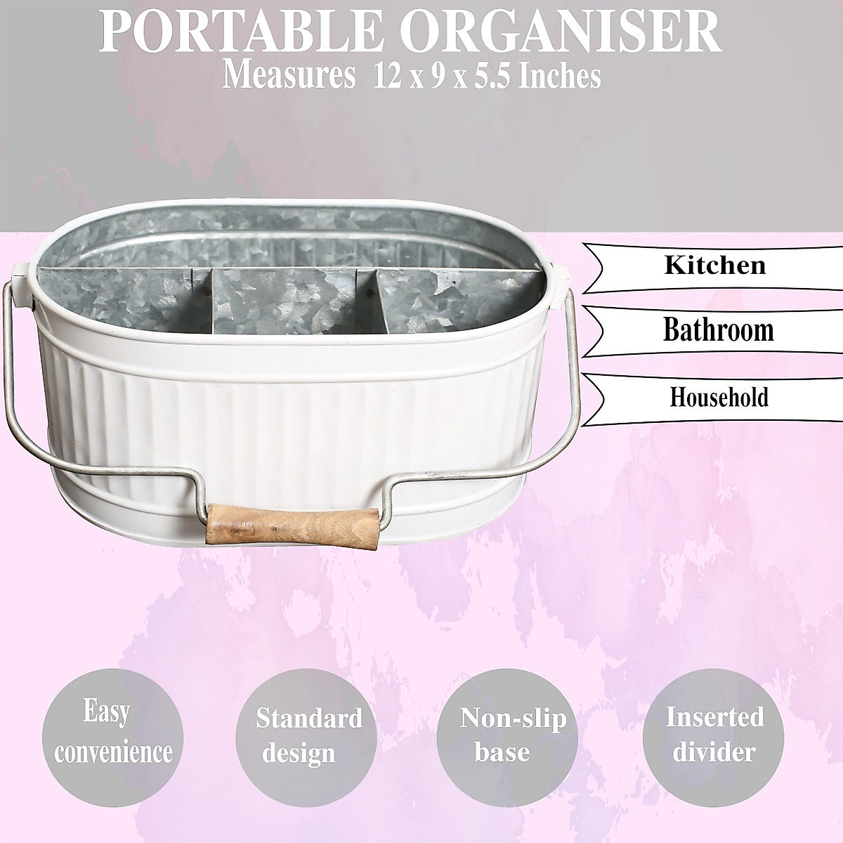 Utensil Caddy Carry-All Serveware - Galvanized Metal Organizer for Kitchen Counter - Comfortable Wooden Handle Indoor/Outdoor Storage For Flatware, Condiments, Party Cutlery, Arts - Gray/White