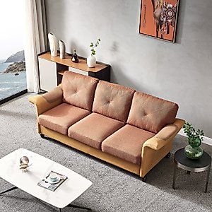 TARTOP Furniture Linen Fabric Faux Leather Solid Wood Legs Upholstered Couches Sets with 3-Seat Sofa, Loveseat for Living Room, Brown