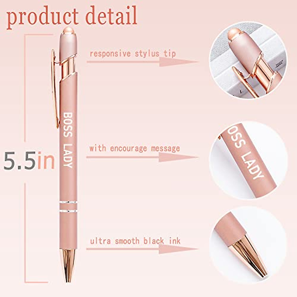 Fuhgkg 12 Pieces Rose Gold Inspirational Ballpoint Pens with Touch Screens Stylus Tip,Fine Point Smooth Writing Encouraging Motivation Pens for Women,Black Ink