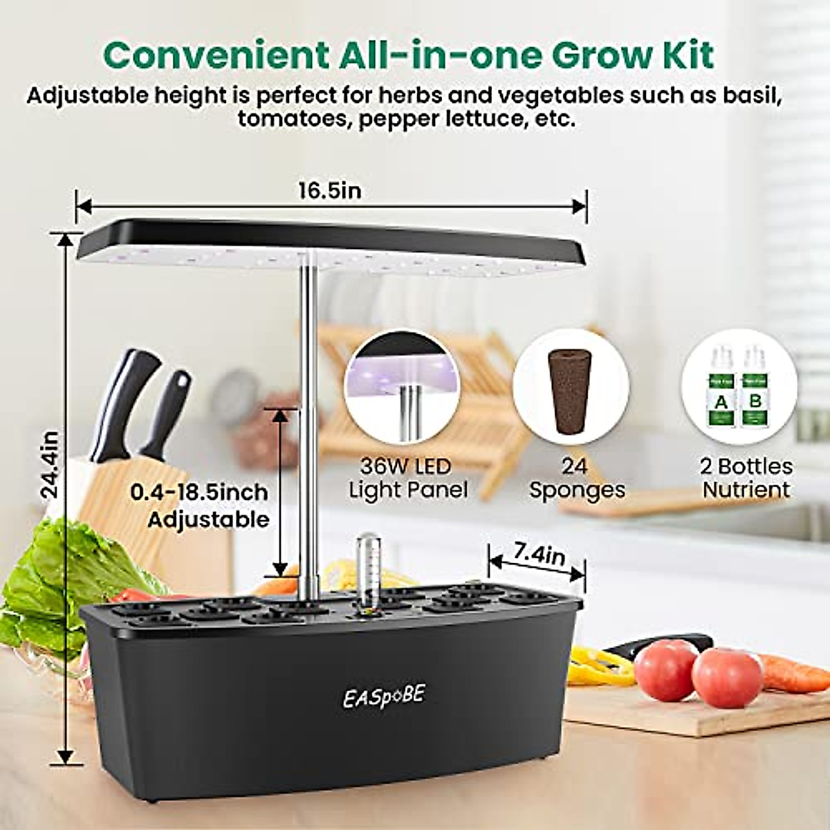 Hydroponic Growing System, Indoor Herb Garden, Smart Garden with LED Grow Light, 6L Water Tank Germination Kit, 18.5'' Height Adjustable, Black