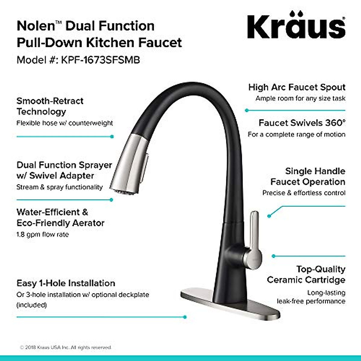Kraus KPF-1673SFSMB Nolen Dual Function Pull, Faucets for Kitchen Sinks, Single-Handle, 16 3/8 Inch, Spot Free Stainless Steel/Matte Black