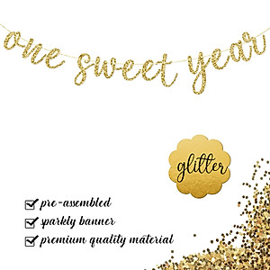 One Sweet Year Banner, First Birthday Anniversary Party Decorations Supplies for Boys Girls, Sweet One Bunting Sign, 1st Bday Baby Shower Hanging Ornament, Pre-Strung, Photo Props, Gold Glitter