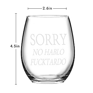 Sorry No Hablo Fuxktardo Wine Glass 15Oz, Funny Stemless Wine Glass Gifts for Women Men, Novelty Birthday Christmas Graduation Gag Gift for Friends BFF Sister Coworkers
