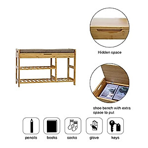 C&AHOME Shoe Bench Bamboo, 3-Tier Shoe Organizer with Cushion, Shoe Rack Bench for Entryway, Max Load 270 LBS, Removable Seat Cushion Bench, Ideal for Entryway, Hallway, Living Room, Bedroom, Natural