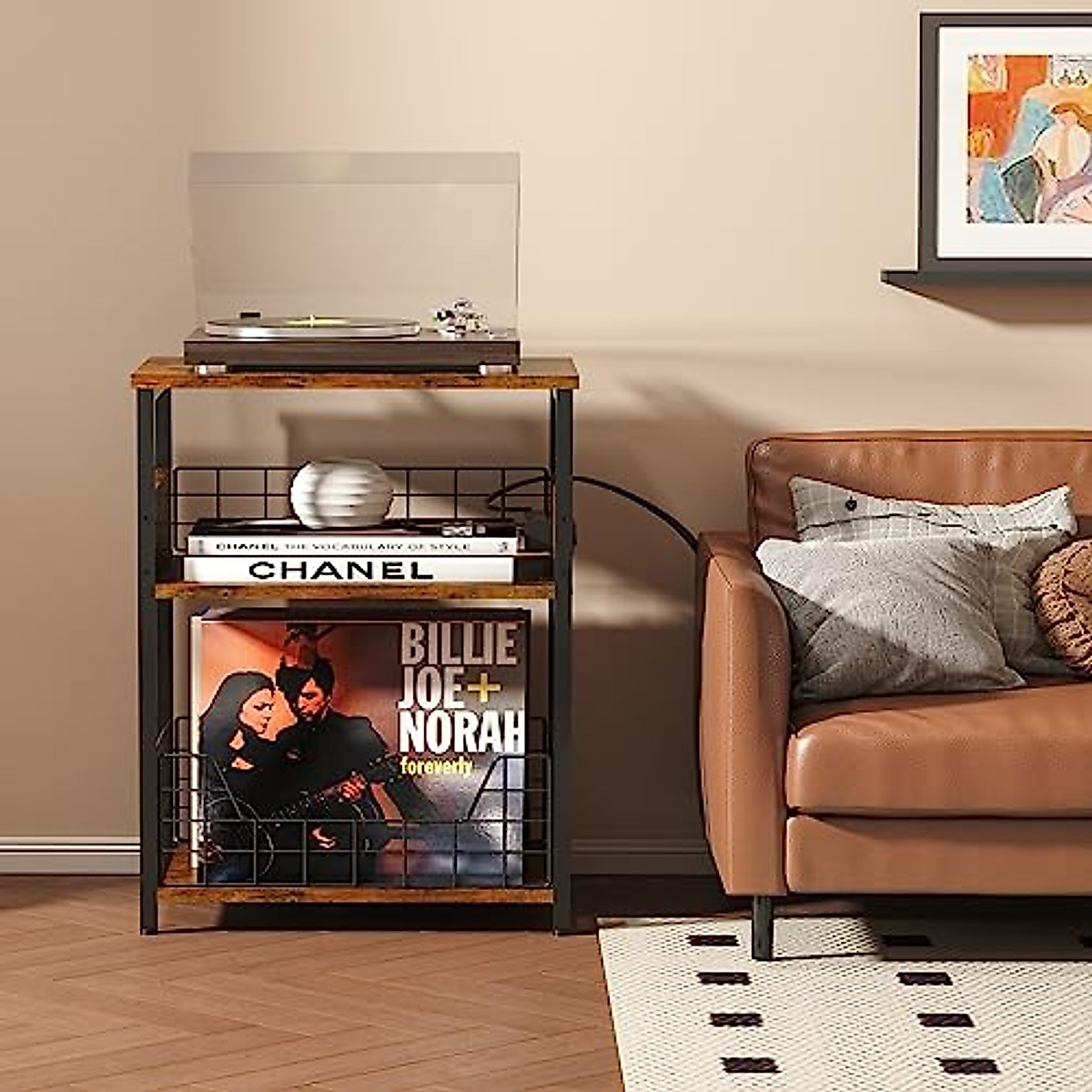 X-cosrack Record Player Stand with Vinyl Record Storage, 3 Tier Side Table with Charging Station & USB Ports, Retro End Table for Living Room Bedroom, Sturdy Wood and Metal Frame, Brown & Black