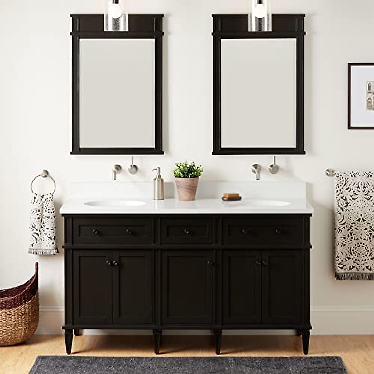Signature Hardware 953349-60-UM-0 Elmdale 60" Free Standing Double Basin Vanity Set with Mahogany Cabinet, Wood Vanity Top, and Porcelain Undermount Sink - No Faucet Holes