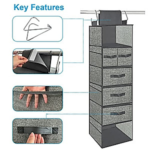 homyfort Hanging Closet Organizer with Drawers - 6 Shelves Organization and Storage, 5 Clothes Drawer and 6 Nylon Pockets for Socks, Underwear, Hat, Jeans, Towel, Bedroom, Dorm College Room(Grey)