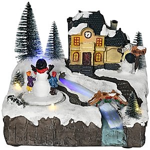 HOMCOM Christmas Village Rotating Skating Pond Animated Winter Wonderland Set with LED Light, Music, Fiber Optic, Battery-Operated Christmas Decoration