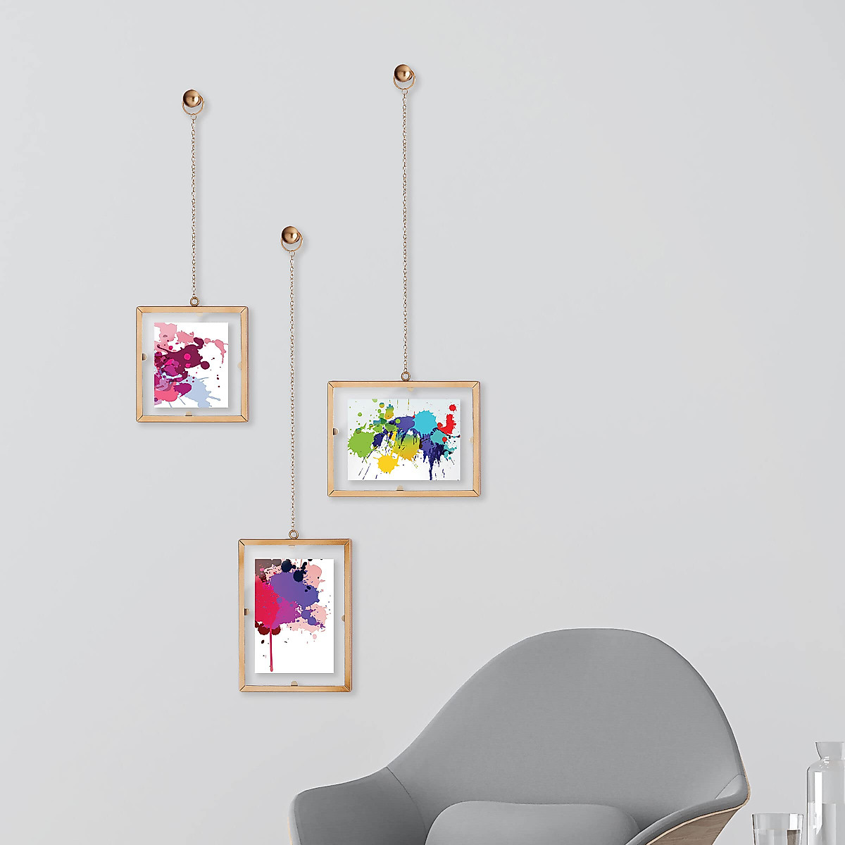 Melannco Hanging Metal Chain Retangular Floating Frames, Gold Finish, Includes Hanging Hardware, Set Of 3