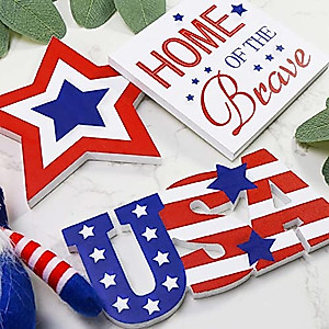 4th of July Decorations - Tiered Tray Decor - 3 Patriotic Wooden Signs - Gnomes Plush and Bead Garland - Farmhouse Rustic Decor Items for Home Table Memorial Day Independence Labor Red White Blue