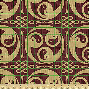 Ambesonne Yin Yang Fabric by The Yard, Oriental in Triple Circular Form with Everlasting Knot, Decorative Fabric for Upholstery and Home Accents, Sand Brown and Ruby