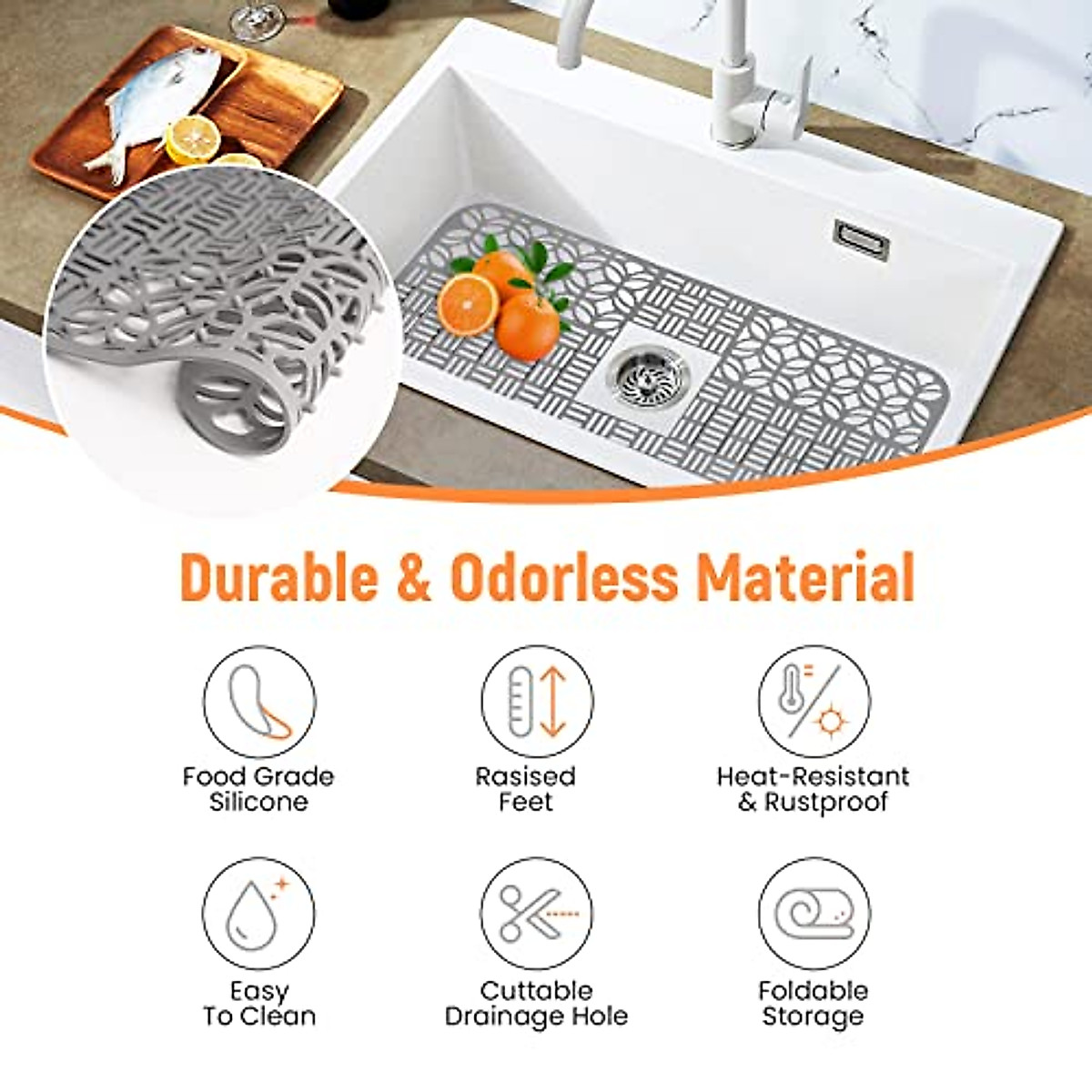 Silicone Sink Mat with DIY Drain Hole 26''x14'' Sink Protectors for Kitchen Sink Non-slip Heat Resistant Sink Protector Grid Accessory for Bottom of Farmhouse Stainless Steel