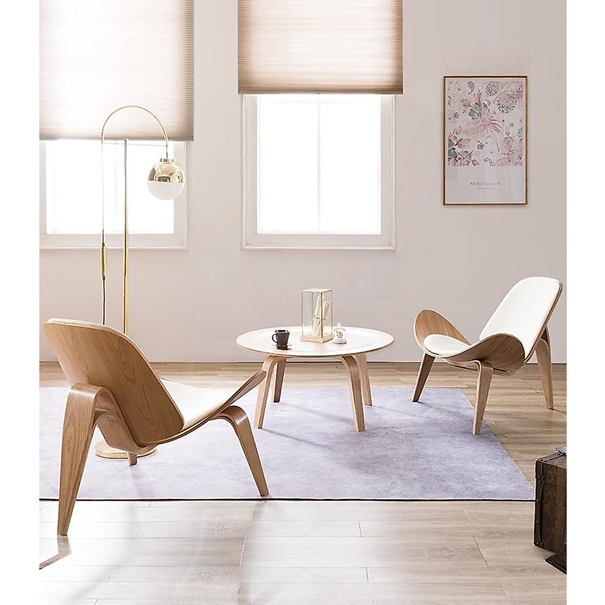 ZEFISON Hans Wegner Style Three- Legged Shell Chair Ash Plywood White Faux Leather Accent Chair Living Room Furniture Mid-Century Modern Shell Chair (Wood Color-White)