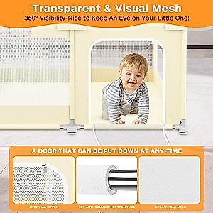 ZESHWER Baby Playpen with Gate, Play Pens for Babies and Toddlers, Play Yard for Baby, 50"x50" Baby Fence, Activity Center for Baby, Sturdy Safety Playpen with Anti-Slip Base, Beige