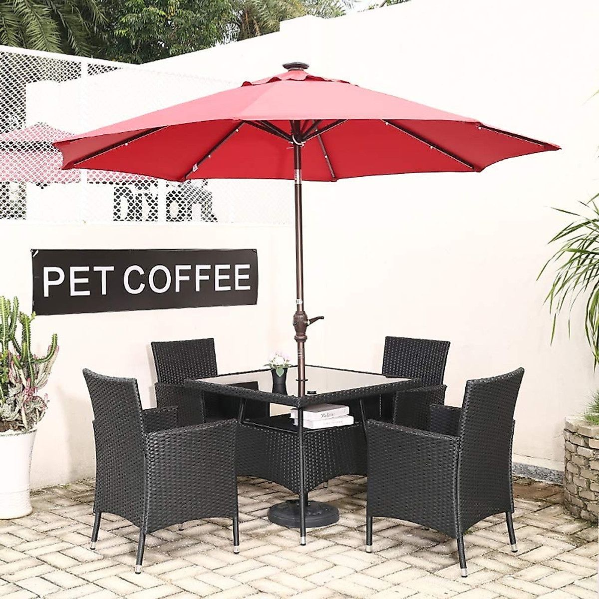 Garden Parasols with Solar LED Lights, 8 Steel Ribs, Tilt Mechanism, Base not Included, for Balcony Terrace Garden Outdoor