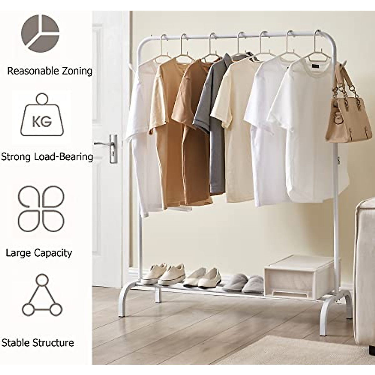 WEASHUME Clothes Rack 43.3 Inches Garment Rack,Coat stand with Bottom Shelf Portable Metal Clothing Rack for Hanging Clothes Coat Rack White