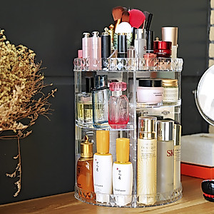 JessLab Makeup Organizer, 360 Degree Rotating Adjustable Cosmetic Organizer Makeup Storage Carousel Brush Lipstick Holder for Bathroom Vanity, Multi-Function and Large Capacity, Diamond Pattern