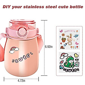 Stainless Steel Insulated Water Bottle,Big Belly Kawaii Leaf Proof 1000ml Cute Trave Cup with Straw,Shoulder Strap,Vacuum Thermos Jug with 2pcs Free Random Stickers for Kids,Adults Christmas Gifts.