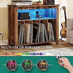 YITAHOME Large Record Player Stand with Power Outlets & LED Lights, Vinyl Record Storage Table with Display Shelf Holds Up to 200 Albums, Turntable Stand for Living Room, Bedroom, Brown