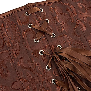 SHYMMUO Women's Underbust Brown Corset Top Satin Floral Lace Up Corset Cincher L