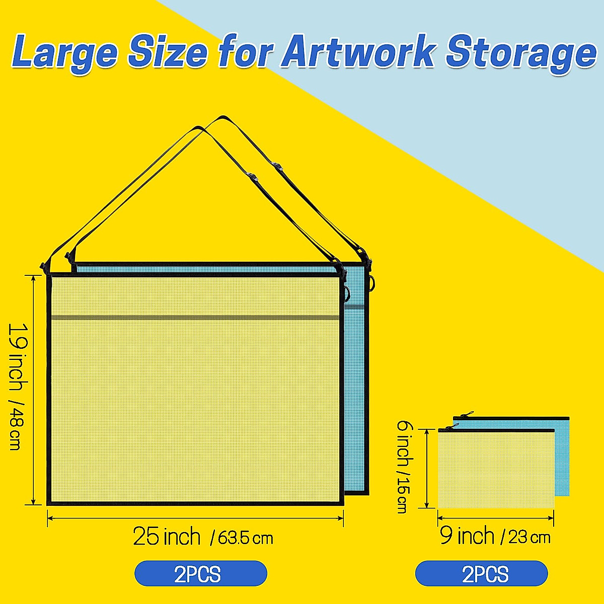 BERYA 2 Pcs Art Portfolio Bag, 19x25 Inches Artwork Storage Case with Handle and Zipper, Large Clear Waterproof Poster Storage Bag for Posters Artwork Bulletin Board (Yellow and Blue)