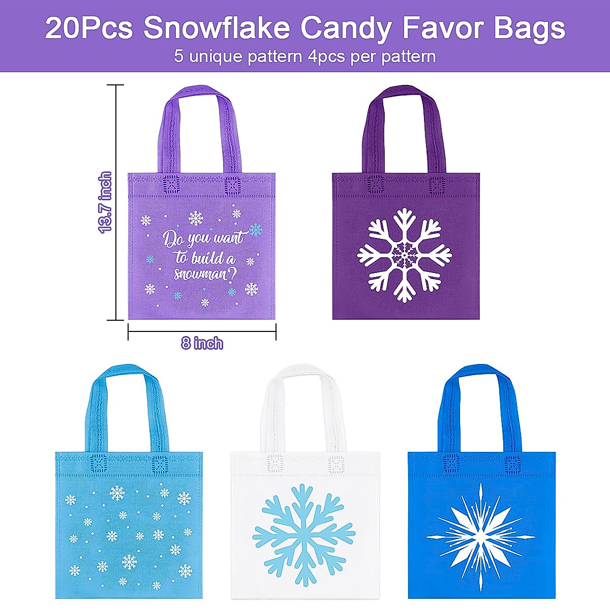 20Pcs Snowflake Party Favors Bag, Winter Frozen Non-Woven Candy Treat Bags, Winter Theme Goodie Gifts Tote Bags for Kids Snowflake Holiday Party Winter Wonderland Birthday Baby Shower Party Supplies