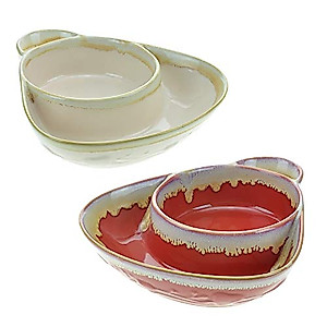 Stoneware Soup & Side, Chips & Dip Bowl Set of 2 by Roe & Moe (Cream and Red)