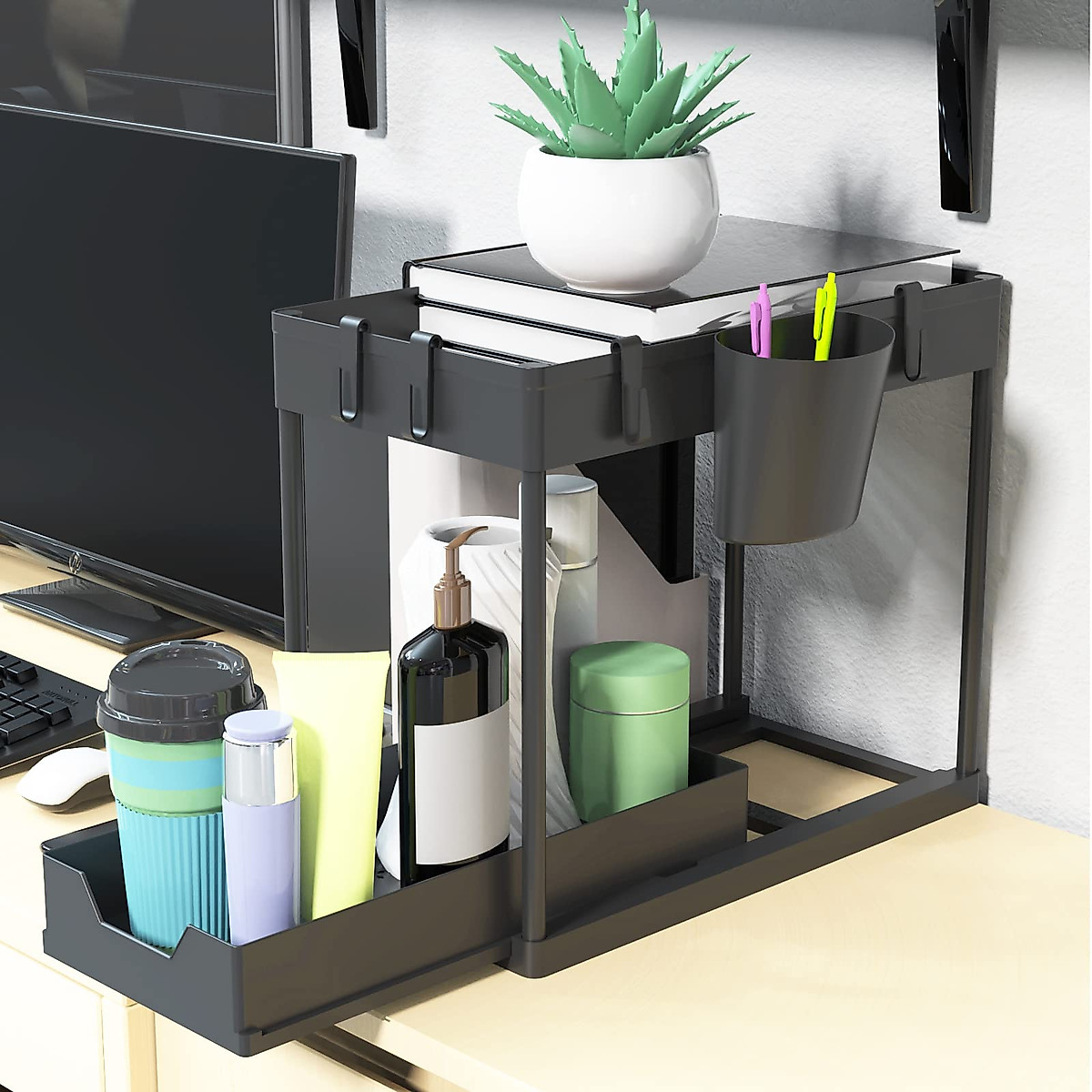 Bugdaben Under Sink Organizer - 2 Tier Sliding Under Cabinet Organizer with Dividers, Hooks and Hanging Cup, Multi-purpose Under Sink Organizers and Storage for Bathroom & Kitchen, 2 Pack