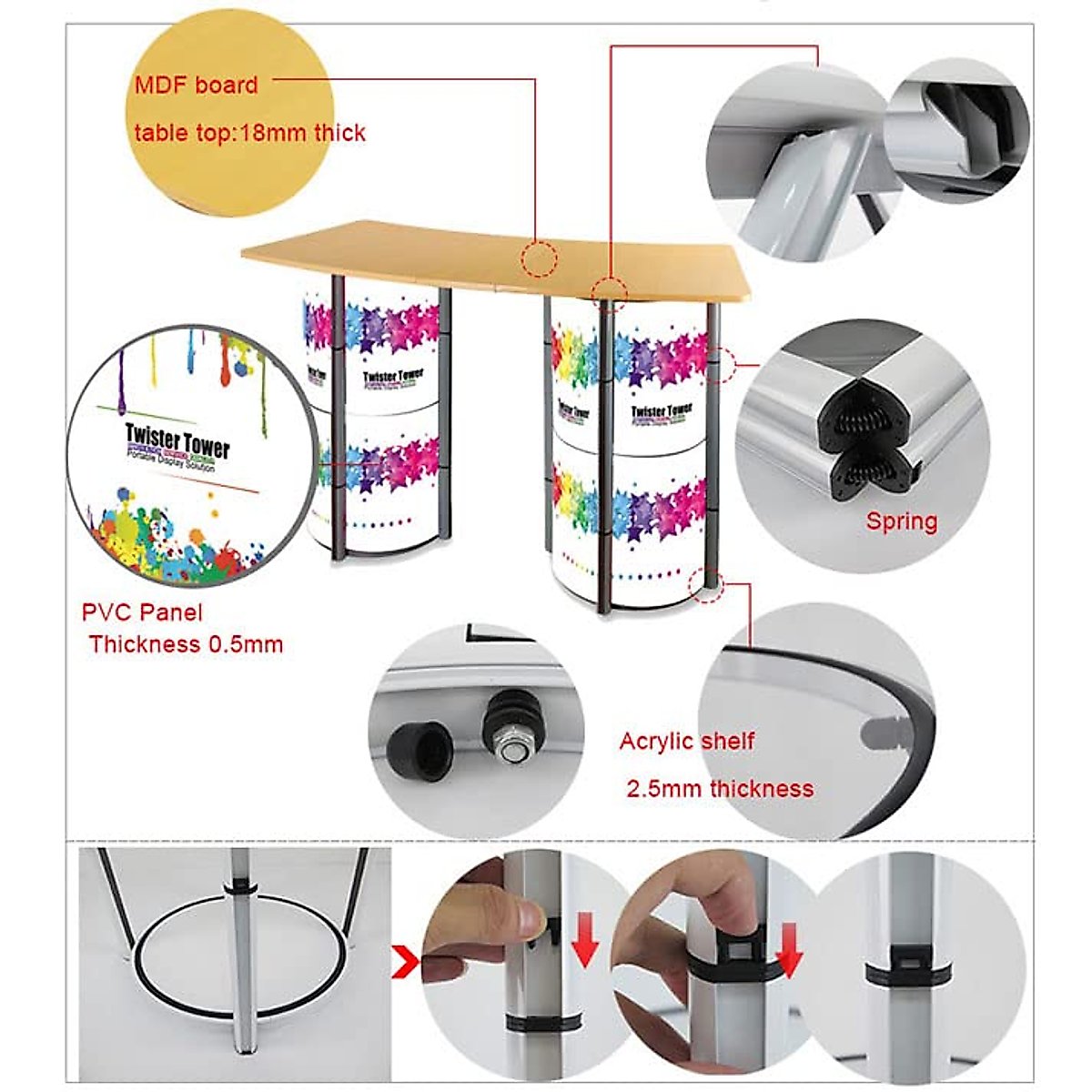 QOMOLANGMA 55.1" Round Portable Aluminum 3-Layer Spiral Twister Tower Portable Counter Display Stand Exhibition Counter Stand Trade Show Display with Columns Banner (Black, Stand Only)