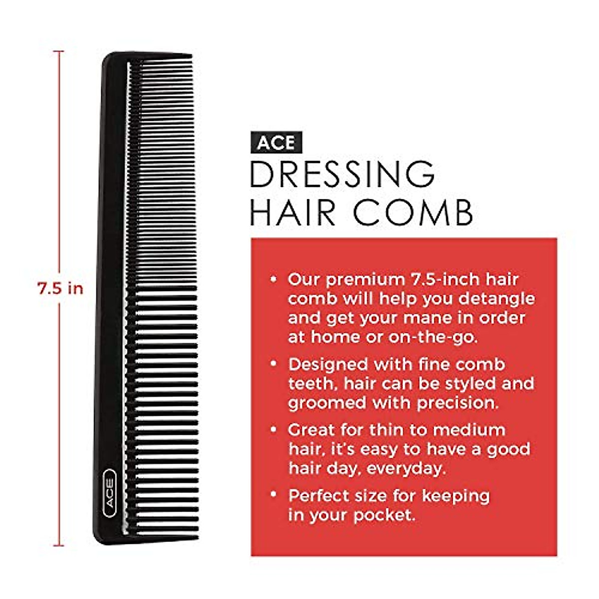 GOODY Ace Hair Dressing Comb - 7.5 Inch, Black - Great for All Hair Types - Fine Comb Teeth for Thin to Medium Hair