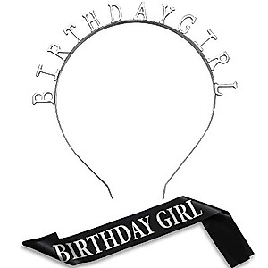 Zonon Birthday Headbands Birthday Satin Sash and Tiara Birthday Crown for Girls Women Birthday Party Supplies (Silver)