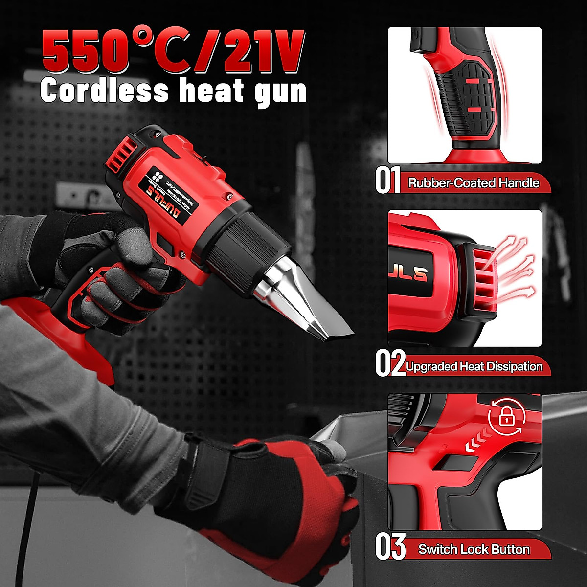 Dufuls Cordless Heat Gun with 2PCS Rechargeable Batteries, 5 Nozzles Heat Gun Kit, Max 1022℉ Hot Air Gun for Shrink Tubing, PVC Wrap, Crafts