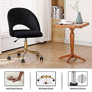 Furnimart Home Office Chair Modern Swivel Vanity Chair with Gold Base Armless Desk Chair with Wheels Cute Task Chair Mid-Back for Dorm Living Room Bedroom Studying Room Vanity Room(Black)