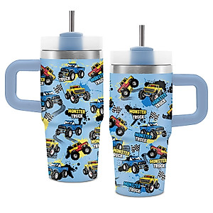 14 oz Monster Truck Tumbler with Handle and Straw for Kids, Insulated Stainless Steel Travel Mug for Toddlers Boys, Vacuum Leak Proof Reusable Tumbler, Birthday Gifts for Boys
