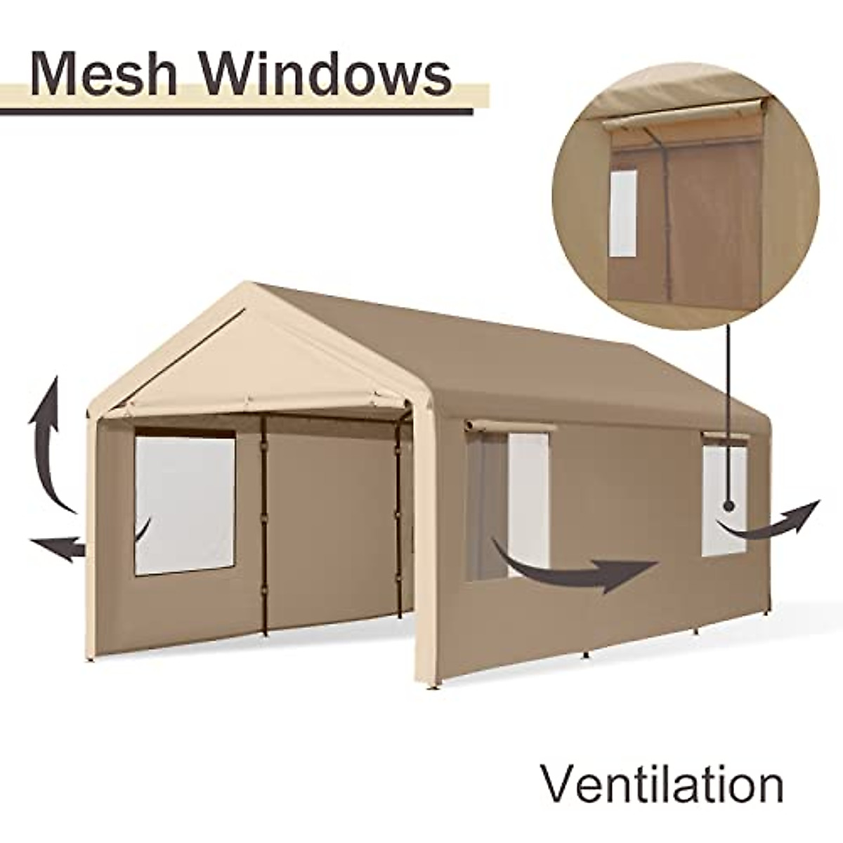 Gardesol Carport, 10'x20' Heavy Duty Carport with Roll-up Ventilated Windows, Portable Garage with Removable Sidewalls & Doors for Car, Truck, Boat, Car Canopy with All-Season Tarp, Beige