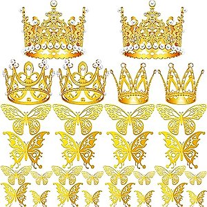 30 Pcs Gold Butterfly Cake Decoration with 6 Pcs Gold Crown Cake Topper, Mini Crowns Small Crown with 3D Butterfly Wall Decors for Coronas Para Flower Bouquets Decor for Flower Arrangements