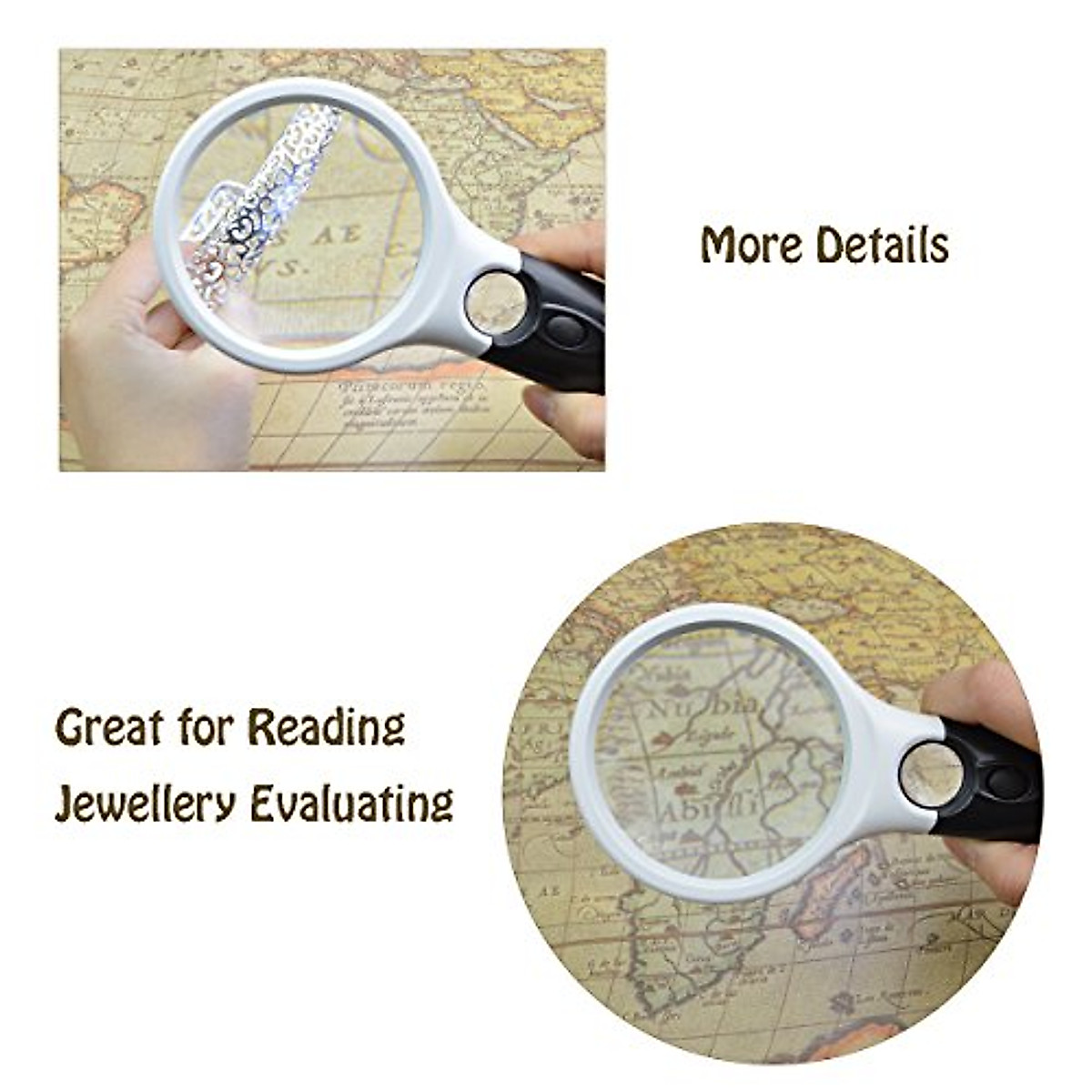 Magnifier 3 LED Light, Marrywindix 3X 45X Handheld Magnifier Reading Magnifying Glass Lens Jewelry Loupe White and Black