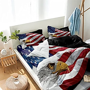 4 Piece Bedding Duvet Cover Set USA Flag Eagle Black Back,Soft Bedspread Pillow Shams Microfiber Quilt Cover Independence Day Star and Stripe,Washable Bed Sheet Comforter Set for Bedroom King