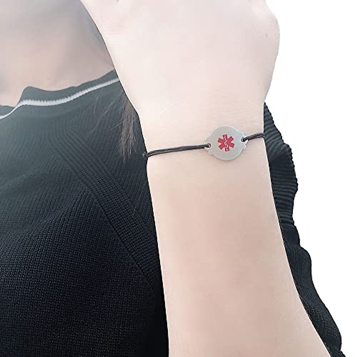 LinnaLove Medical Alert Bracelet for Women Adjustable Handmade Cord Medical ID bracelets with personalized Customize engraved-Black