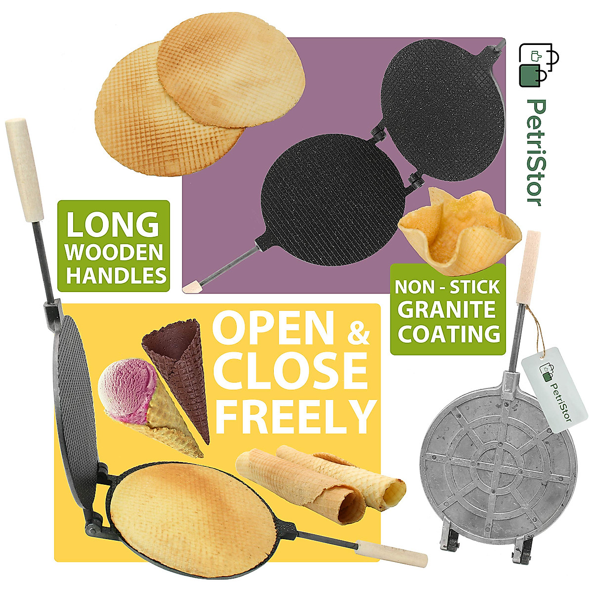 PetriStor Waffle Maker Round Has Nonstick Coating Size 8 in - Waffle Cone Maker - Krumkake Iron - Wafer Maker - Waffle Cone Maker Machine - Stroopwafel Maker - Ice Cream Cone Maker