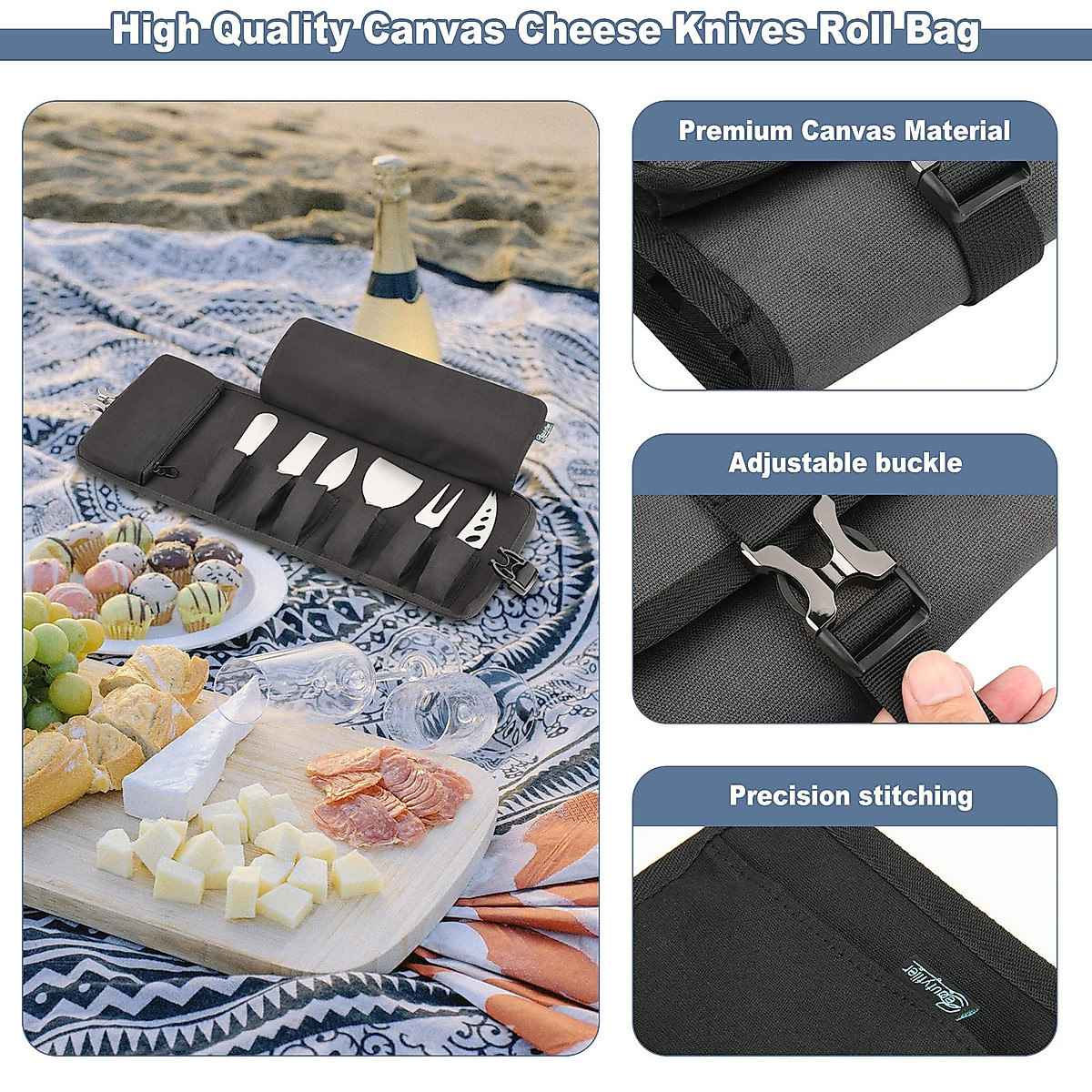 Beautyflier Cheese Knives Roll Bag, Mini Cheese Knife Set Roll Case - 6 Knife Slots and a Zipper Pocket, Canvas Chef Knife Roll Bag for Travel Party and Holiday Cheese Serving, Gray (Bag Only)