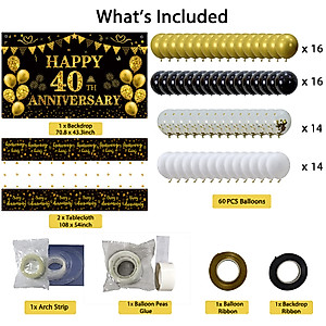 DARUNAXY 40th Wedding Anniversary Decorations, Large Happy 40th Anniversary Banner 70 x 43inch, 60PCS Black Gold Confetti Balloons, 2PCS Tablecloths for Cheer to 40 Year Party Supplies for Men Women