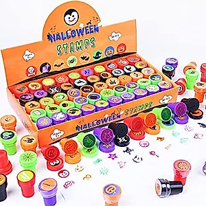 FUNNISM 50PCS Halloween Assorted Stamps,50 Halloween Theme Designs Kids Self-Ink Stamps(5 Colors) for Halloween Party Supplies,Goodie/Treat/Candy Bag Fillers,Halloween Party Favors/Prize/Game/Toy/Gift